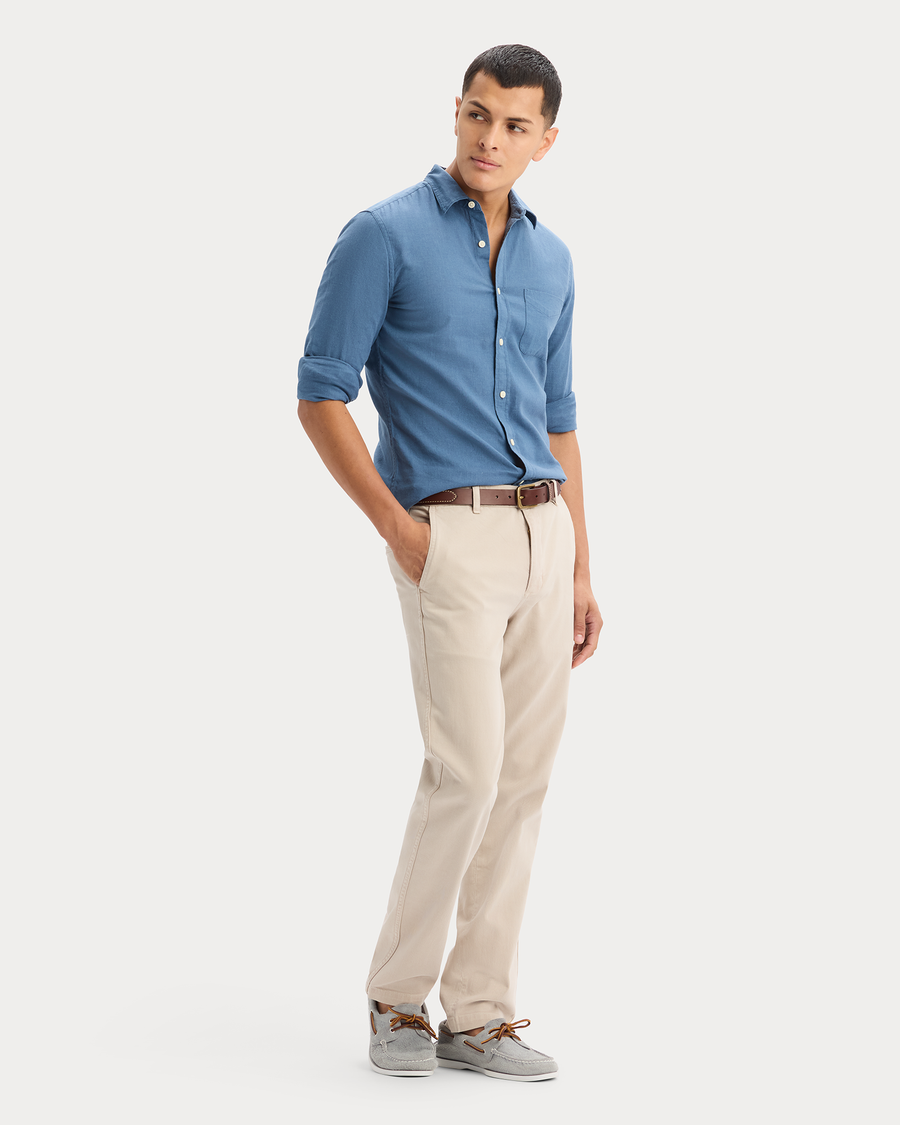 View of model wearing Bering Sea Icon Button Up Shirt, Slim Fit.